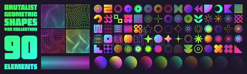 Brutalist Geometric Shapes, Neon Modern Symbols. Groovy Checkered ...
