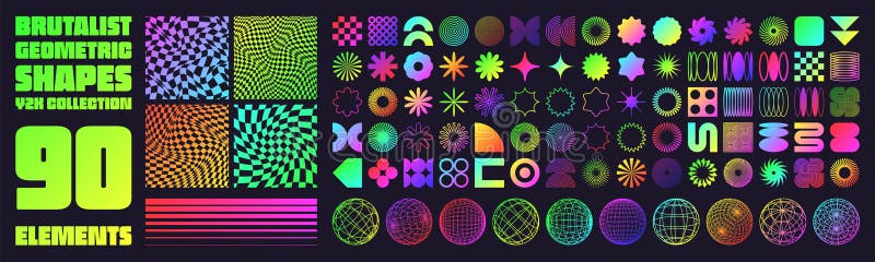 Brutalist Geometric Shapes, Neon Modern Symbols. Groovy Checkered ...