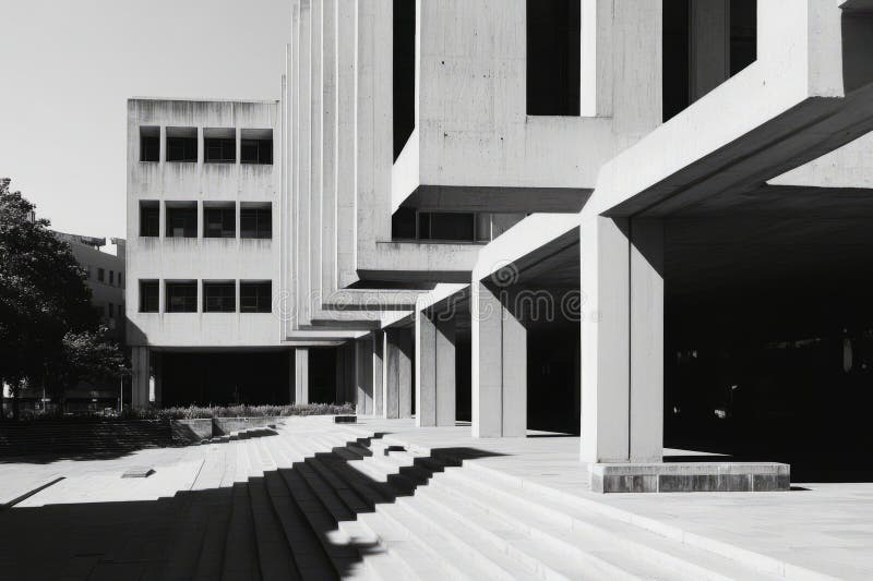 A Brutalist Government Building with Imposing Columns, Deep Geometric ...