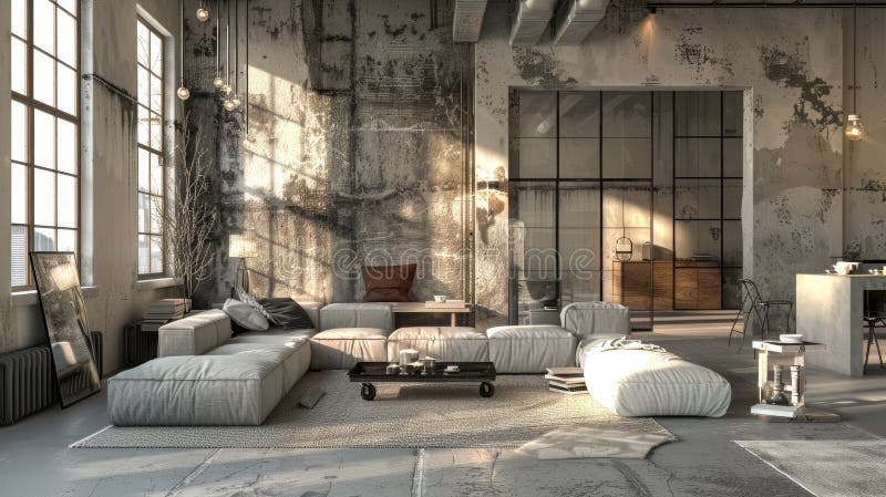 Brutalist Interior Design. Interior of a Loft Living Room with a Large ...