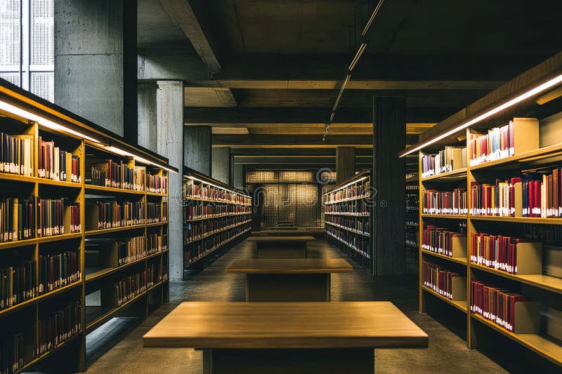 A Brutalist Library with Massive Concrete Shelves, Dim Lighting, and a ...
