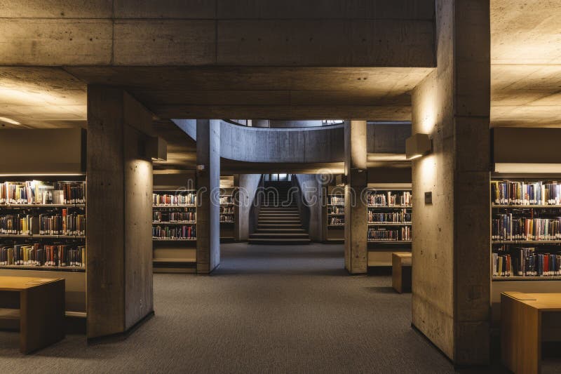 A Brutalist Library with Massive Concrete Shelves, Dim Lighting, and a ...