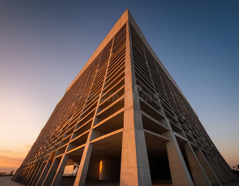 Brutalist Tower with Sunset Glow and Shadow Textures Stock Image ...