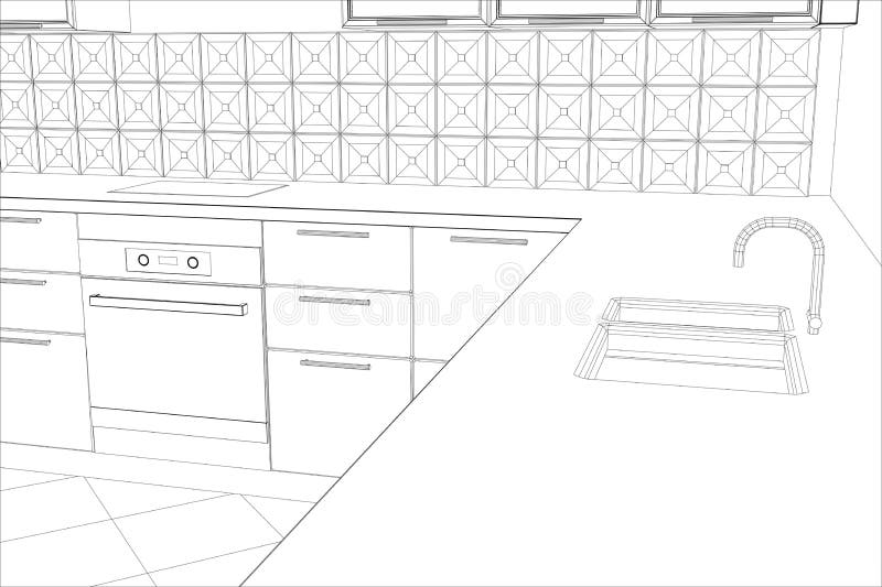 Interior Sketch Of Kitchen Room. Outline Blueprint Design Of Kitchen ...