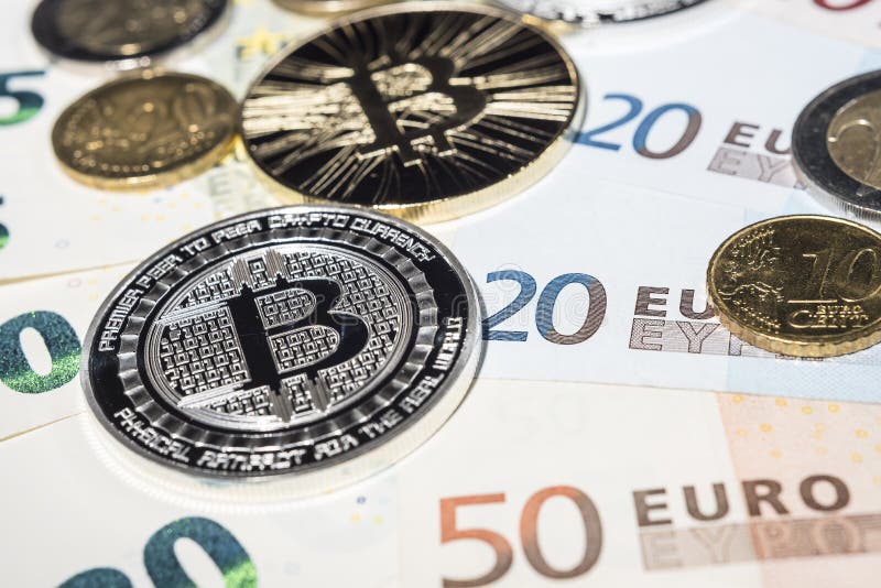 BTC Bitcoin and Euro Coins and Notes Stock Image - Image of commodity ...