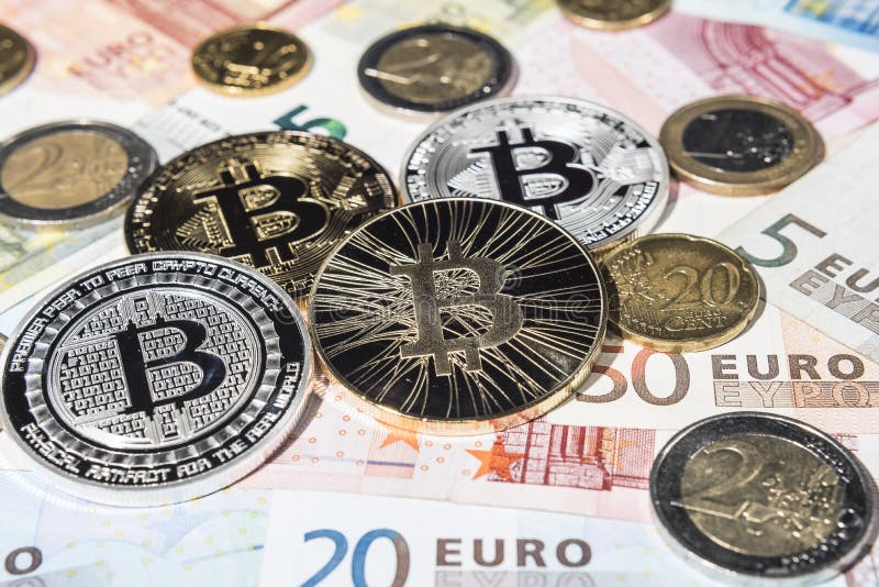 BTC Bitcoin and Euro Coins and Notes Stock Image - Image of commodity ...
