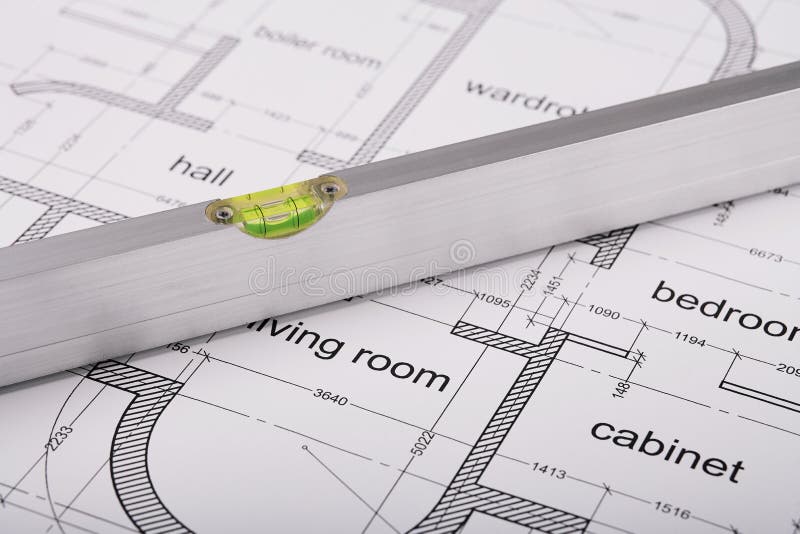 Bubble Level and Construction Drawings Stock Photo - Image of design ...