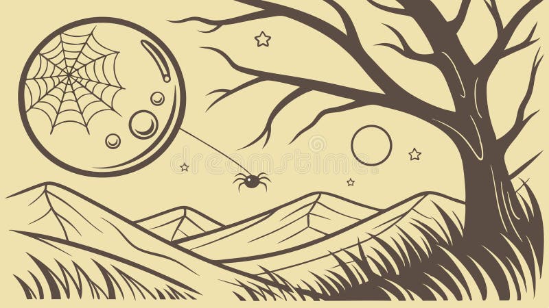 Bubble with Spiderweb Over Gnarly Tree, Eerie Twilight Scene, Vector ...