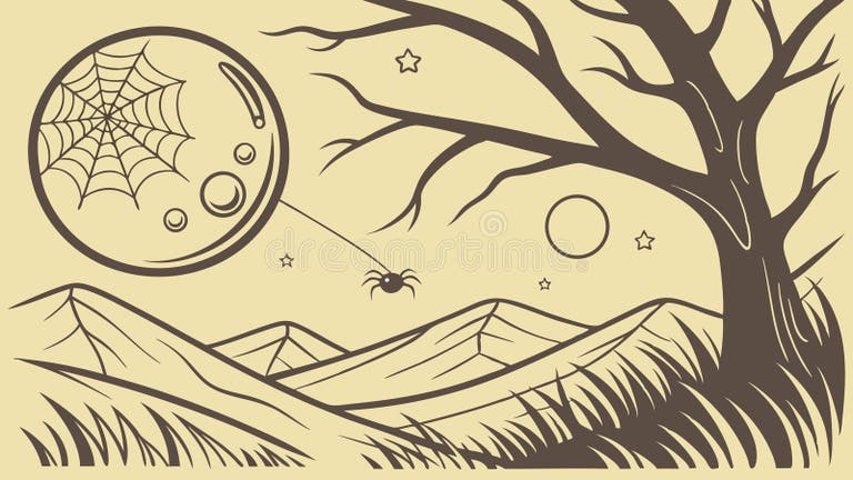 Bubble with Spiderweb Over Gnarly Tree, Eerie Twilight Scene, Vector ...