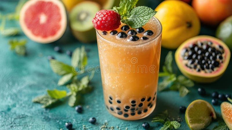 Bubble Tea Aesthetic, Bubble Tea Glass on Bright Teal Table with Fruit ...