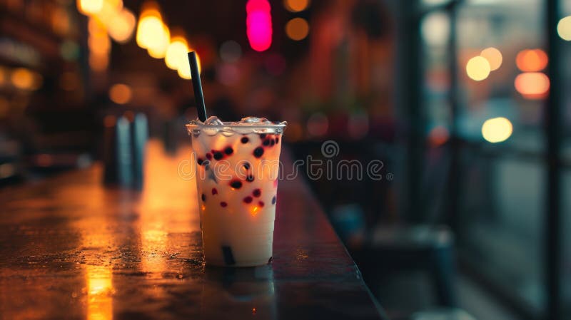 Bubble Tea Asian Sweet Tapioca Pearls Drink on Table of Night Cafe ...
