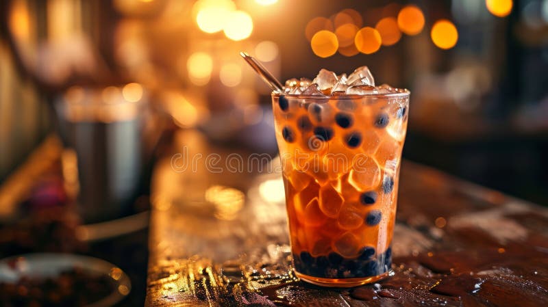 Bubble Tea Asian Sweet Tapioca Pearls Drink on Table of Night Cafe ...