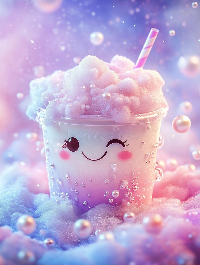 Bubble Tea with a Cheerful Face Sits among Pastel Clouds and Bubbles in ...