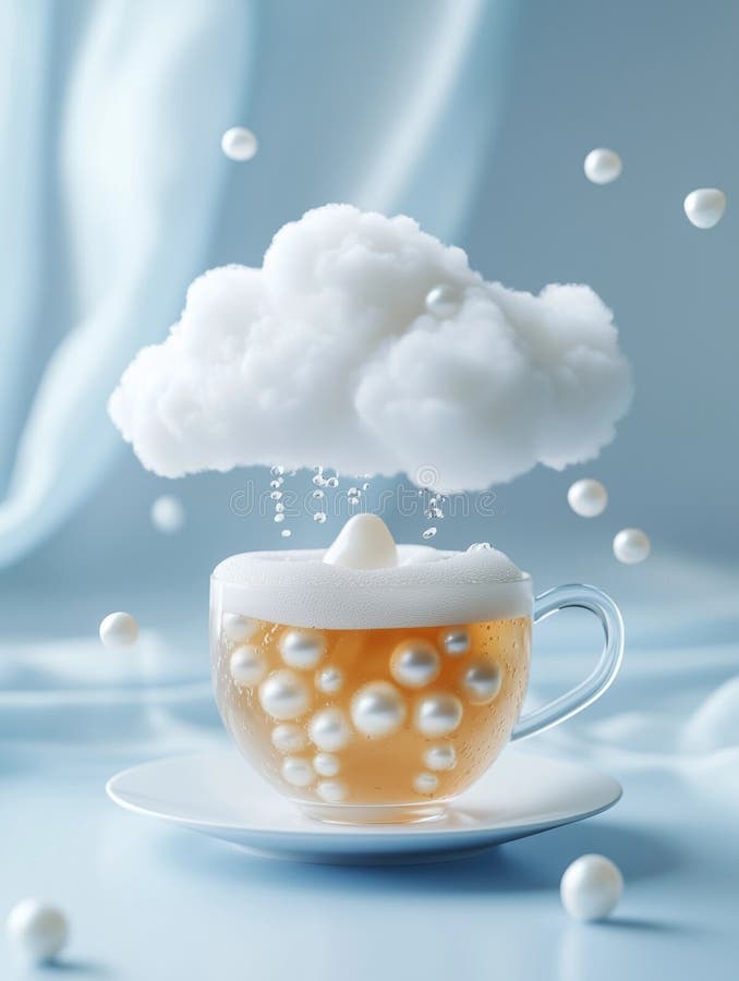 Bubble Tea Cup Designed Like a Whimsical Cloud with Floating Droplets ...