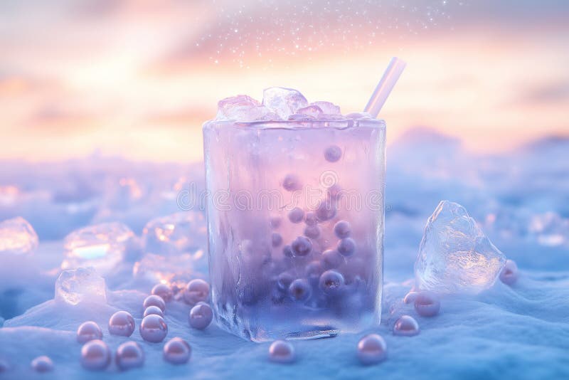 Bubble Tea Cup Encased in Large Ice Cube Against Sunset Backdrop in a ...