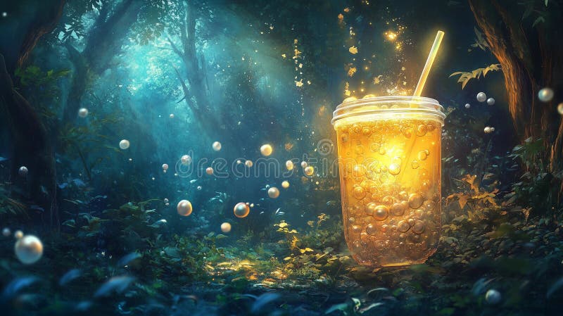 Bubble Tea Cup Glowing in a Mystical Forest with Sparkling Bubbles and ...