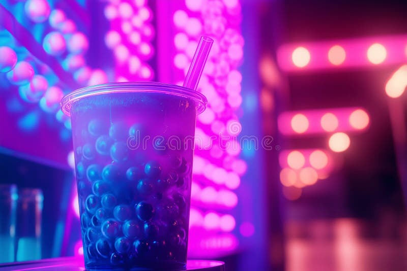 Bubble Tea Cup Illuminated by Colorful Lights at a Vibrant Setting in ...