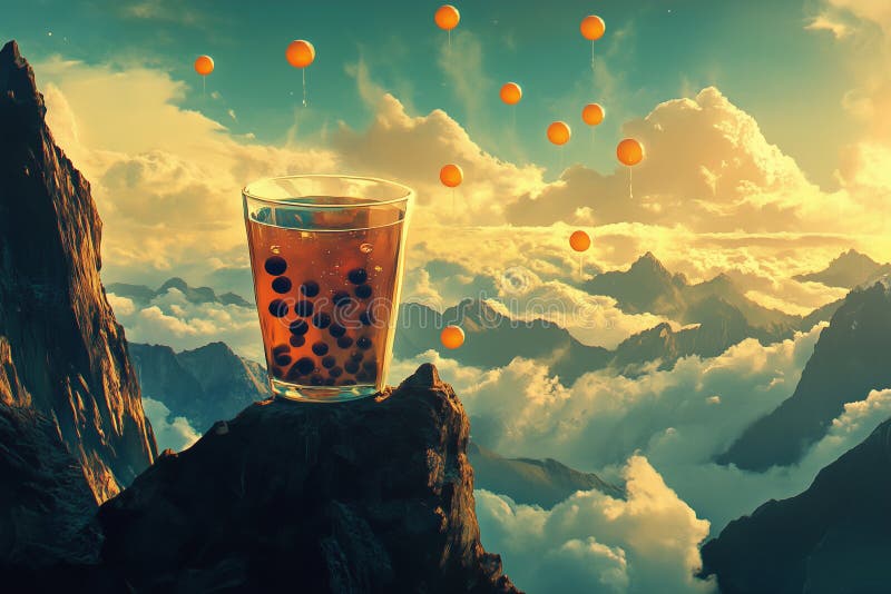 Bubble Tea Cup on a Mountain Peak Surrounded by Clouds and Floating ...