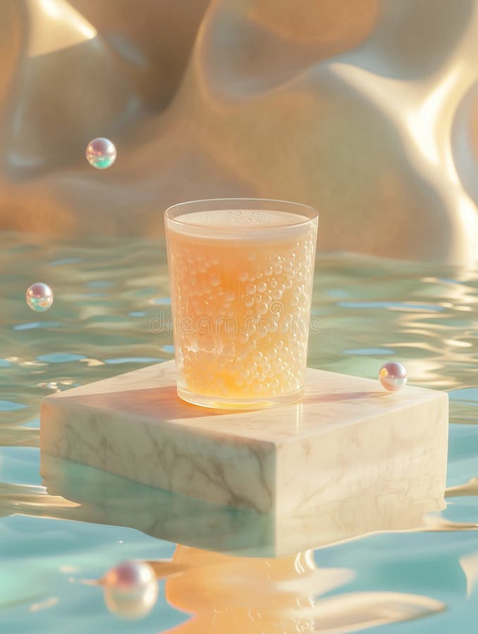Bubble Tea Cup Resting on Glowing Marble in Serene Aqua Setting with ...