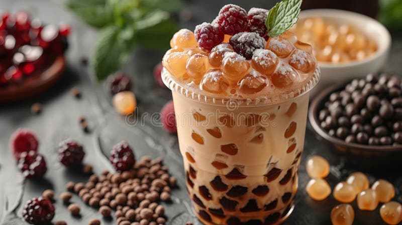 Bubble Tea Cup with Scattered Tapioca Pearls is Shown in the Image ...