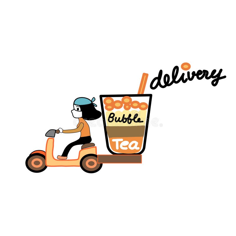 Vector of Bubble Tea Home Delivery Girl on Scooter with Big Bubble Tea ...