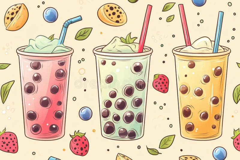 Bubble Tea Doodle Art, an Assortment of Bubble Tea-themed Doodle Patterns, Featuring Cute Tea ...