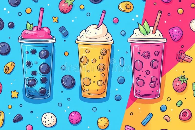 Bubble Tea Pattern, Colorful Doodle Art Featuring Bubble Tea Drinks and ...