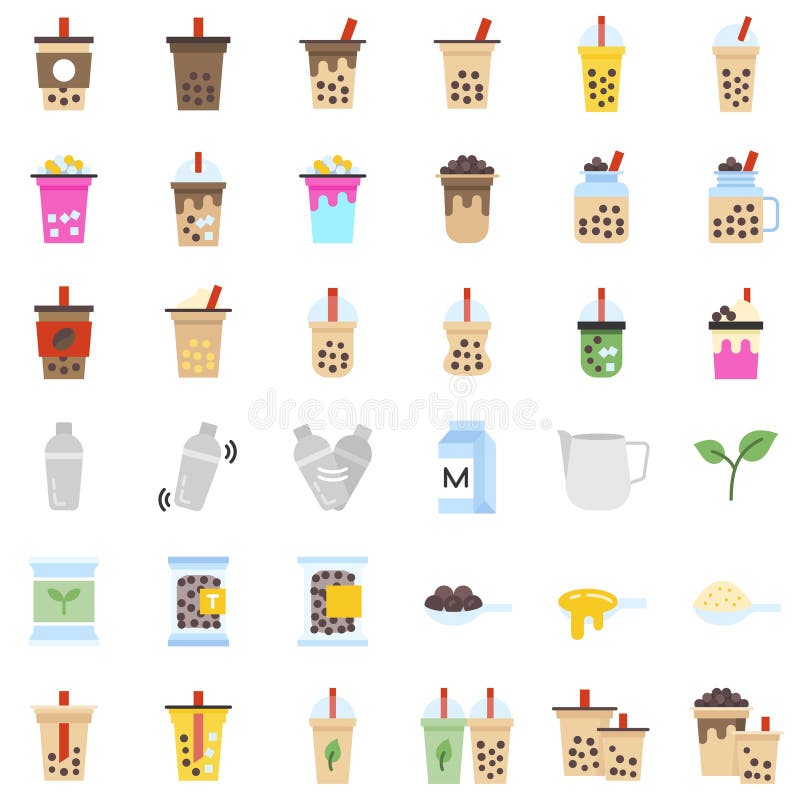 Bubble Tea or Pearl Milk Tea Flat Icon Set Stock Vector - Illustration ...