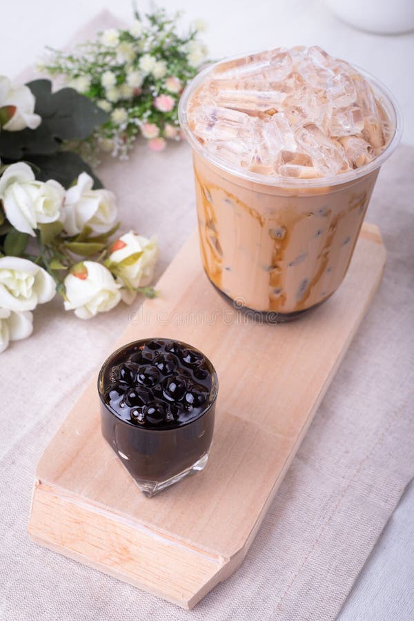 Bubble Tea in Plastic Cups on a Wooden Plate Stock Image - Image of ...