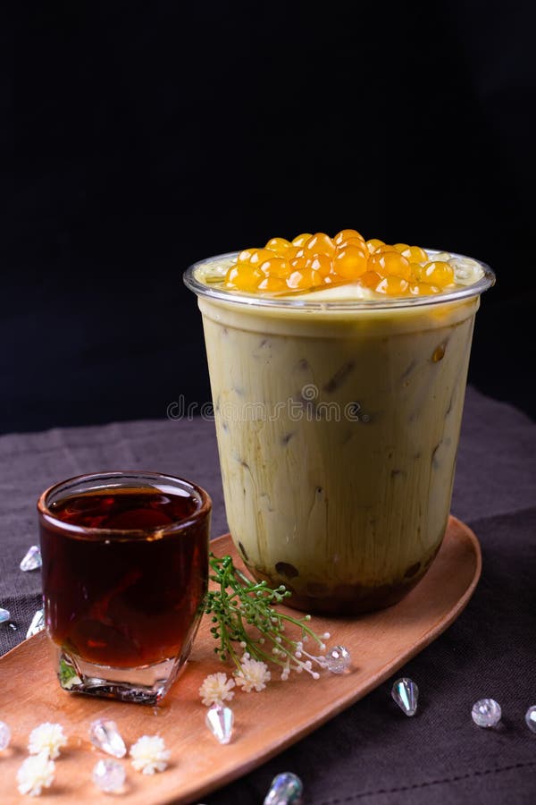 Bubble Tea in Plastic Cups on a Wooden Plate Stock Photo - Image of ...