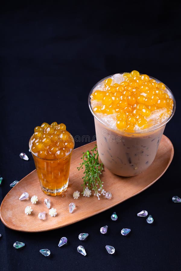 Bubble Tea in Plastic Cups on a Wooden Plate Stock Photo - Image of ...