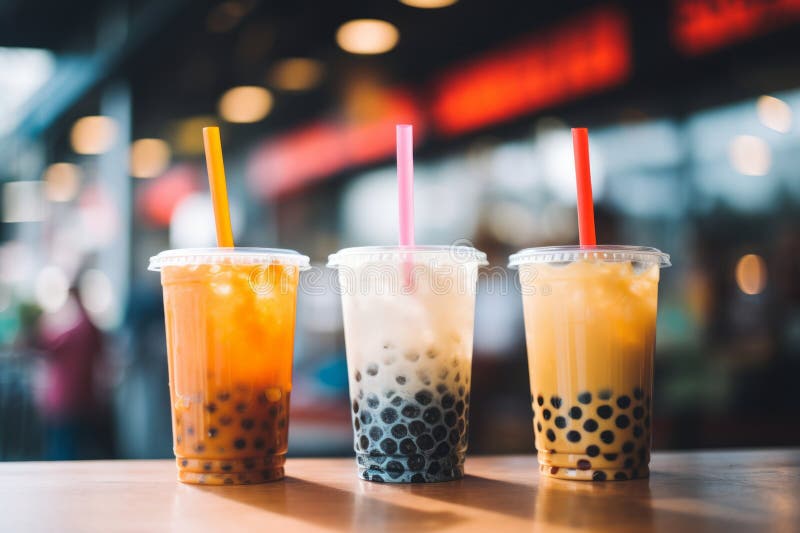 Bubble Tea Set in Plastic Glasses, Variety of Tapioca Tea Milkshake in ...