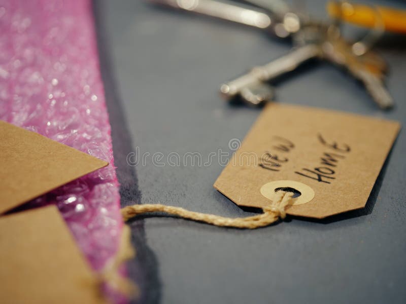 Bubble Wrap and Brown Address Label with Keys To New Home Stock Photo ...