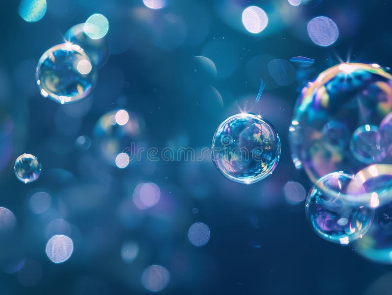 Bubbles Against Blue Background, Reflecting Colorful Light Gracefully ...