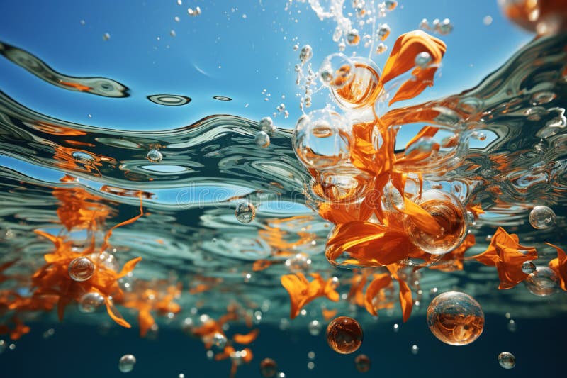Bubbles Float among Orange Cloth Pieces Under the Water Stock ...