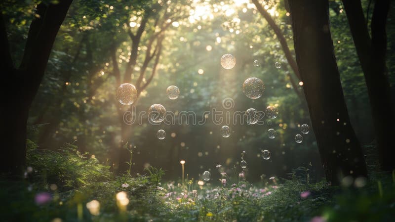 Bubbles Float in a Sunlit Forest with Gentle Light through the Trees ...