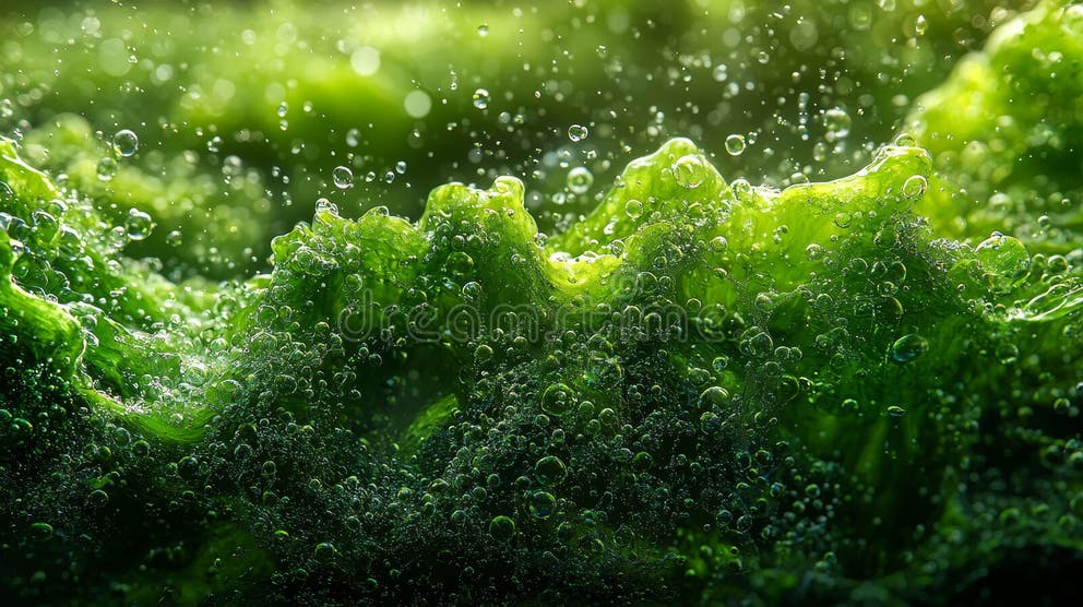 Bubbles and Green Algae Create Vibrant Underwater Scene Stock ...