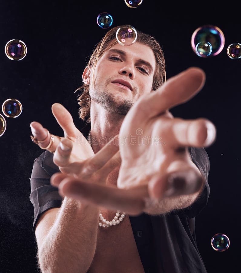 Bubbles, Hands and Man in Studio for Magic Portrait, Art Performance ...