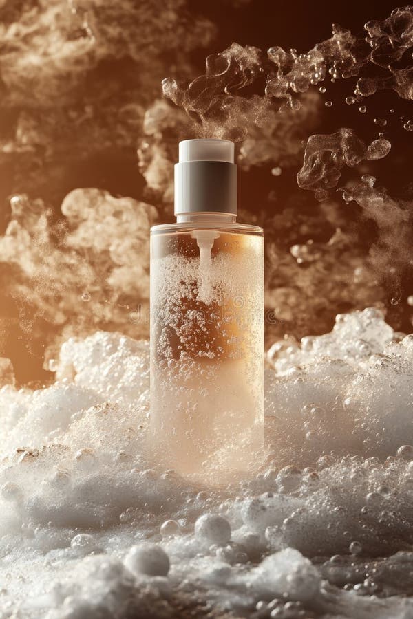 Bubbles and Mist Surround a Cosmetic Bottle in a Captivating Display of ...