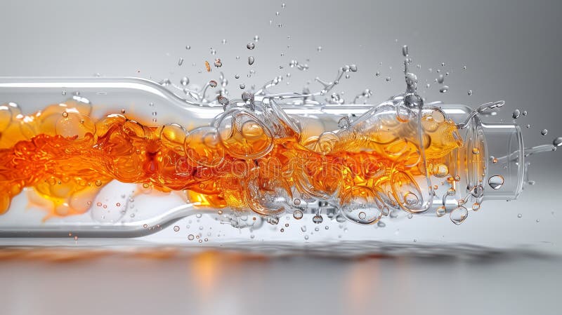 Bubbles of Orange Liquid Flowing through Clear Bottle with Water Splash ...