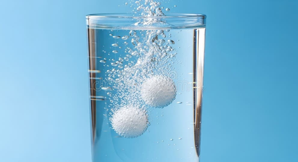 Bubbles Rise in a Glass of Clear Water As Effervescent Tablets Dissolve ...