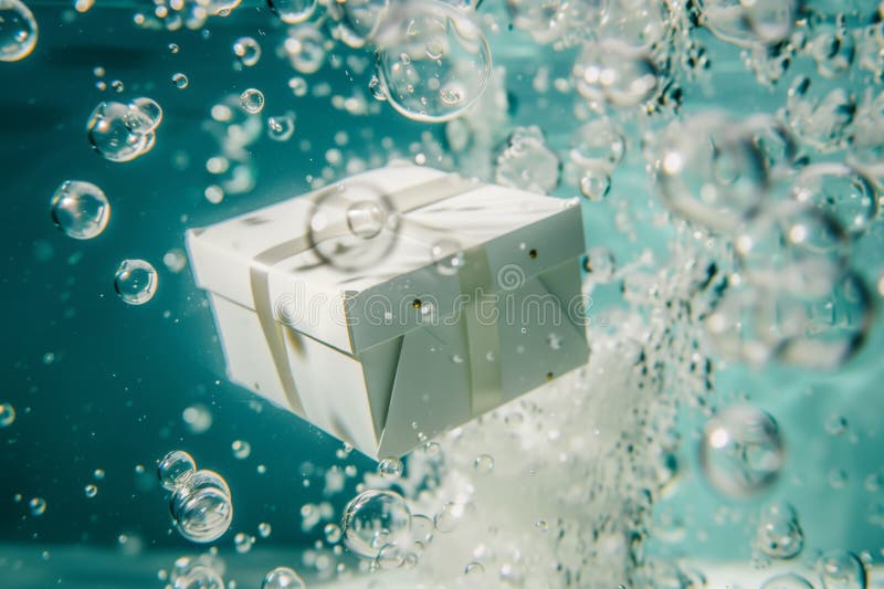 Bubbles Surrounding a White Gift Box As it Sinks in a Pool Stock Image ...