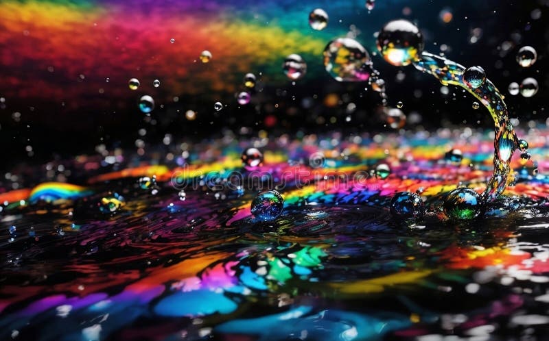 A Bubbles and Water Splash with Rainbow Reflection Water Stock ...
