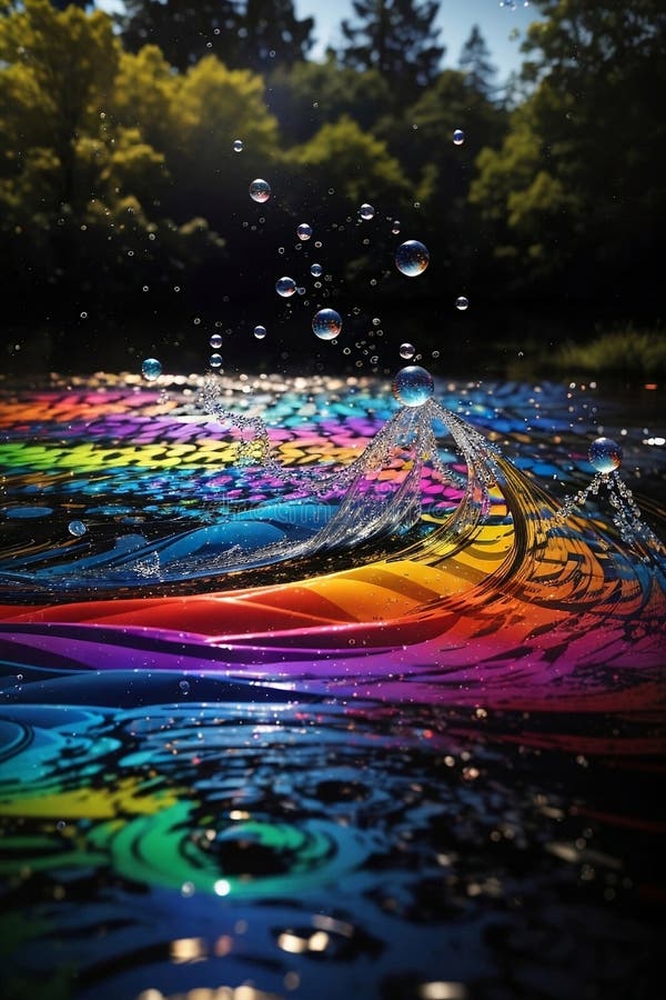 A Bubbles and Water Splash with Rainbow Reflection Water Stock ...