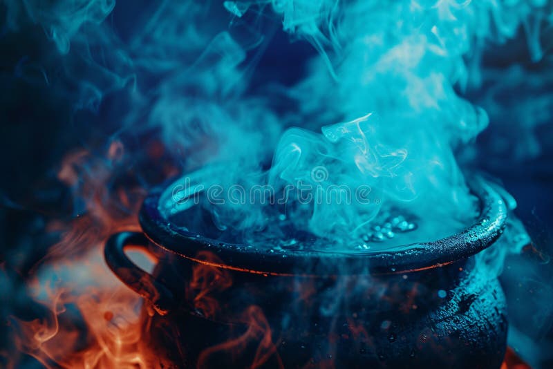 Close Up of Bubbling Blue Witch Cauldron with Smoke Stock Illustration ...