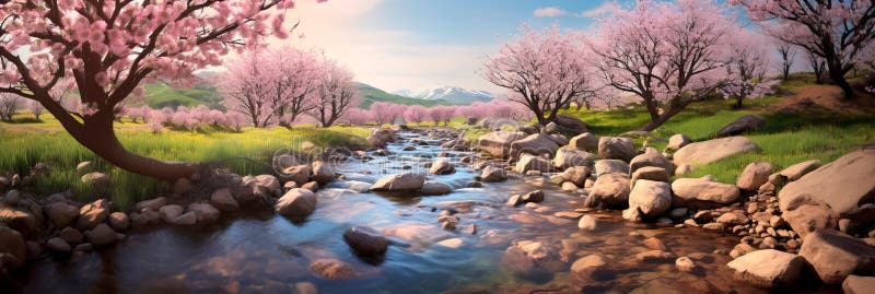 Bubbling Brook Surrounded by Blossoming Trees, Capturing the Soothing ...