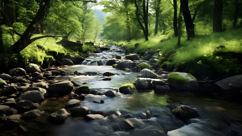 Bubbling Brook Winding through a Lush Forest Stock Illustration ...
