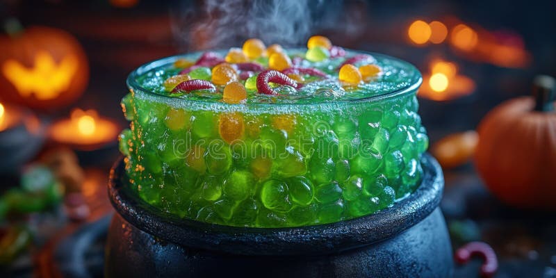 A Bubbling Cauldron with Candy Worms Set in a Spooky Halloween Scene ...