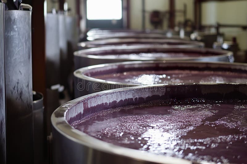Bubbling Fermentation Process in Winery with Stainless Steel Vats and ...