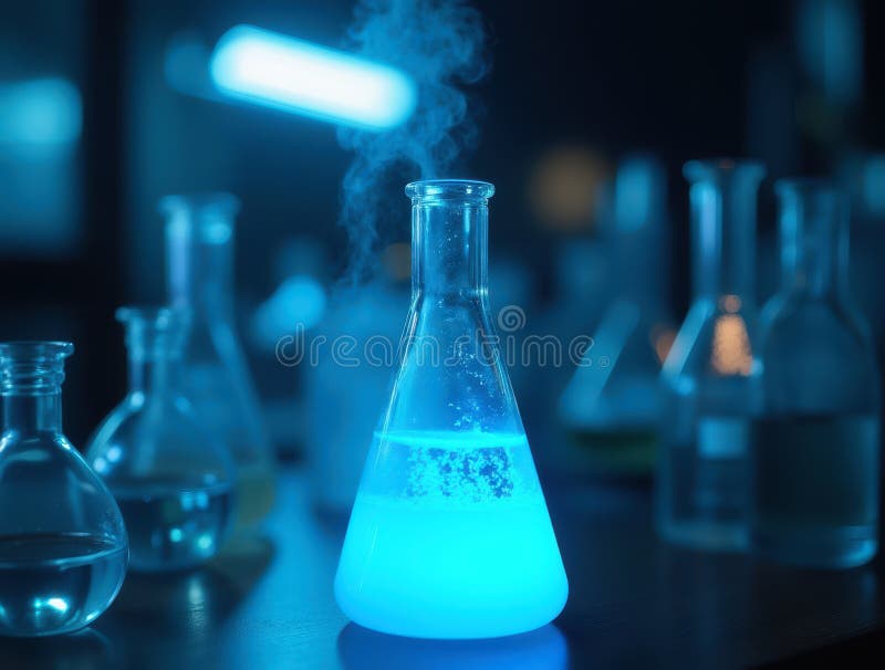 Erlenmeyer Flask with Bubbling Blue Chemical Liquid Emitting a Faint ...